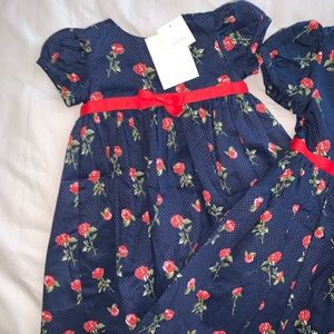 Rachel Riley | Dresses | Blue Rachel Riley Dress With Red Roses | Poshmark
